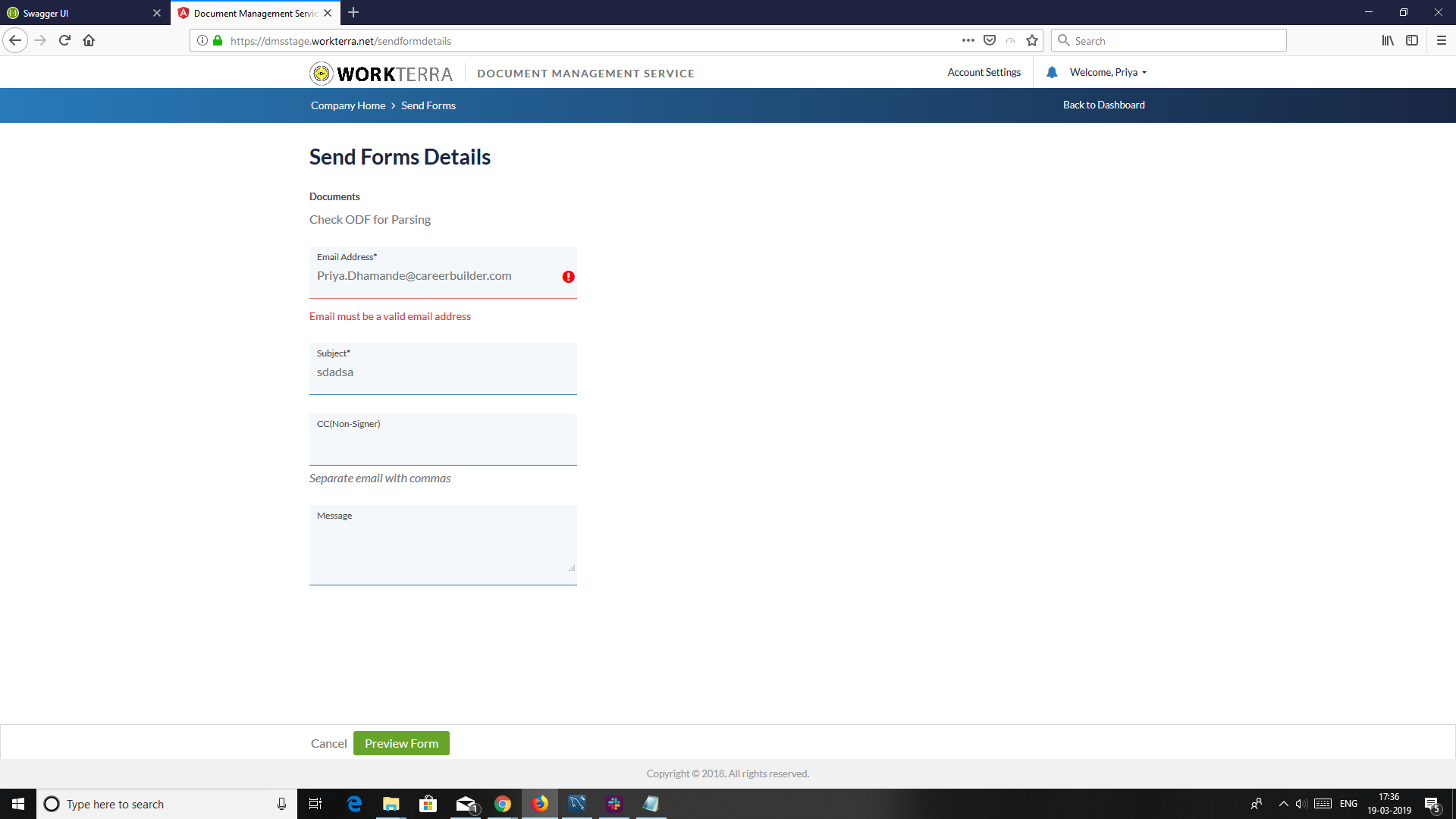 [DMS-969] DMS | Send Form Details | Email Address is not taking capital letters - Workterra Jira